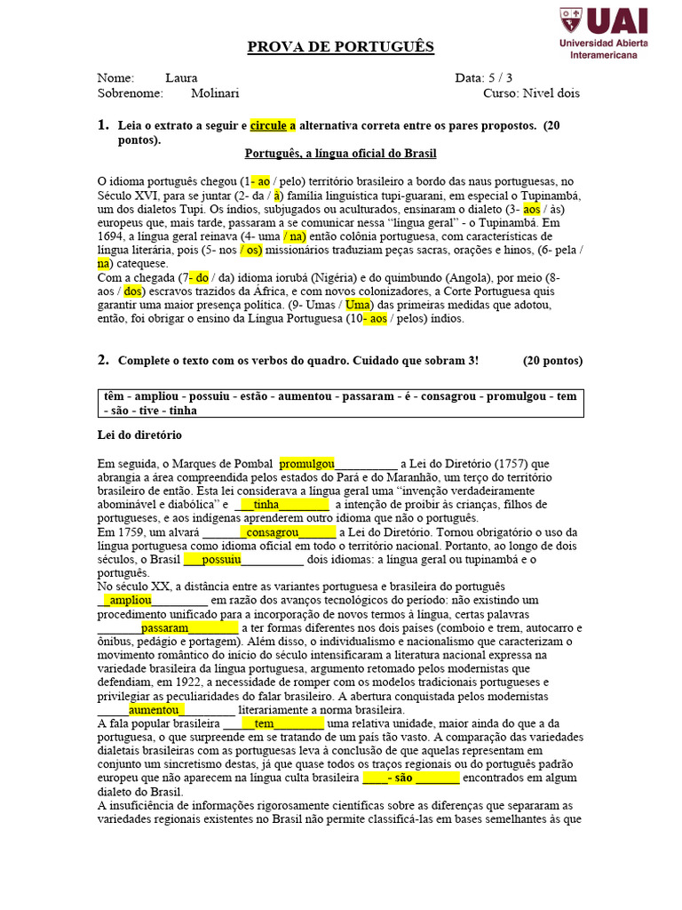 Prova P II Verão 2024 | PDF | Português (idioma) | Brasil
