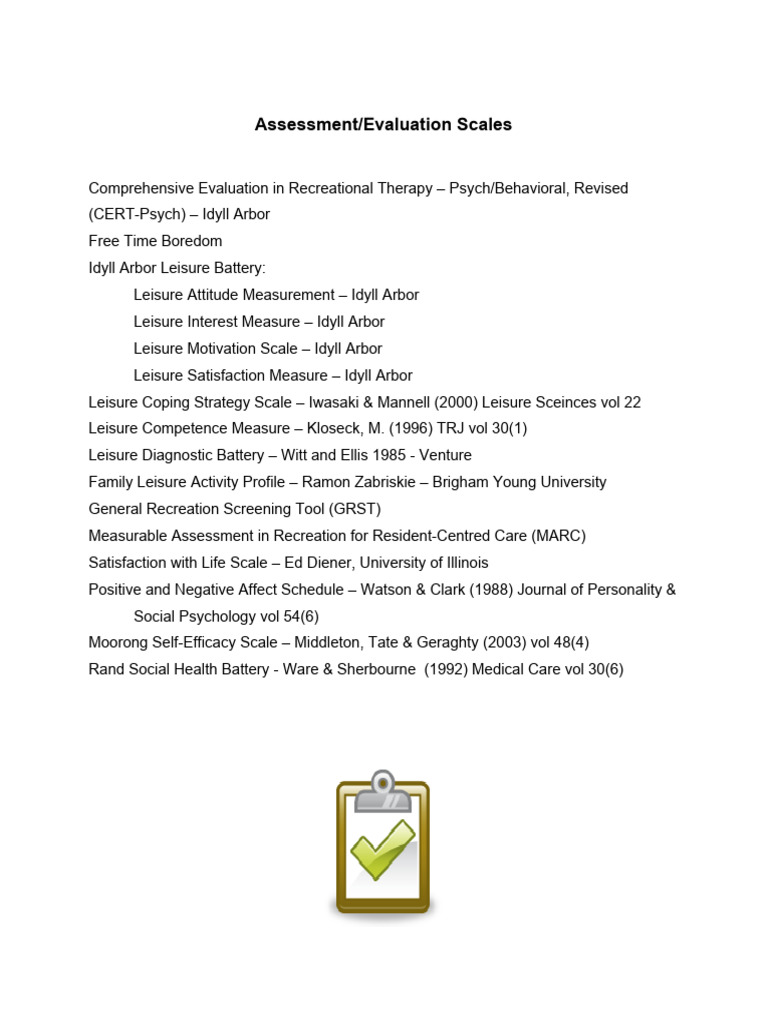 Recreation Therapy Assessment Tools | PDF
