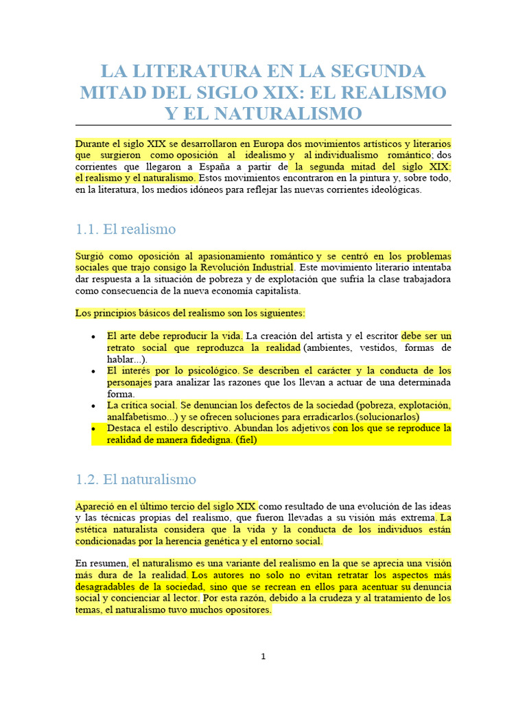 El REALISMO Y EL NATURALISMO - Segunda Evaluación | PDF | Realismo ...