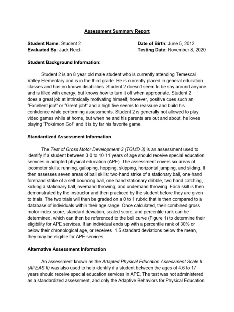 Kin 387 Student Assessment Report - Jack Reich - Replace Student2 | PDF ...