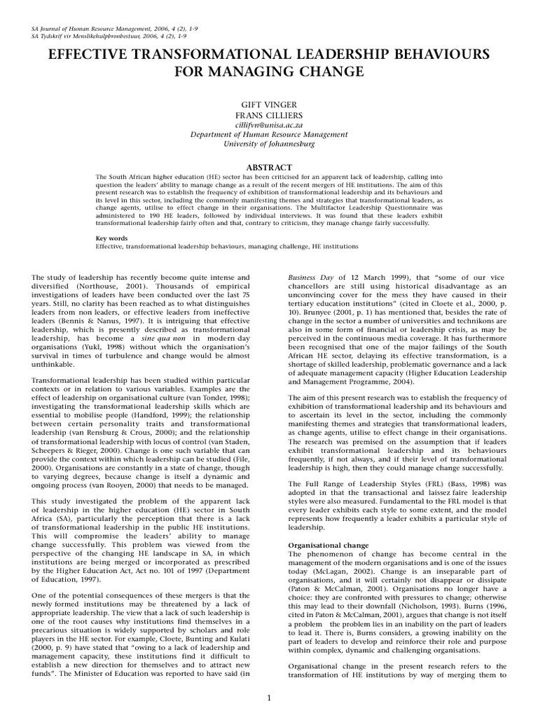 Vinger Cilliers 2006 Effective Transformational Leadership Behaviours For Managing Change | PDF ...
