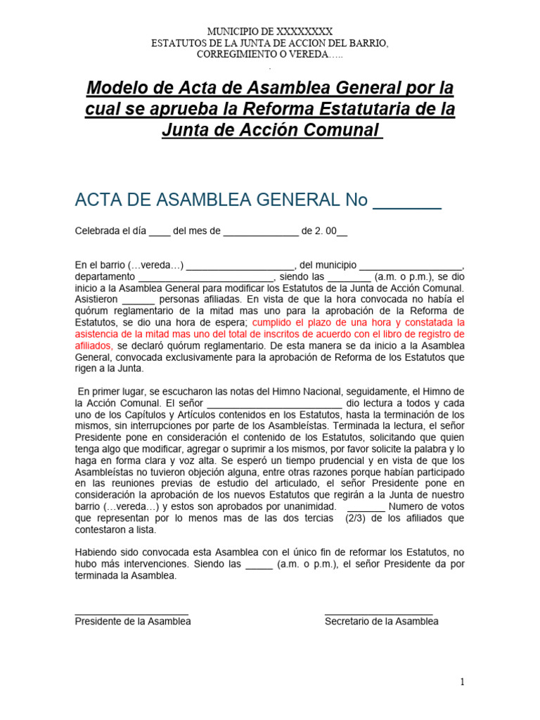 Modelo de Acta de Asamblea General | PDF | Quórum | Democracia