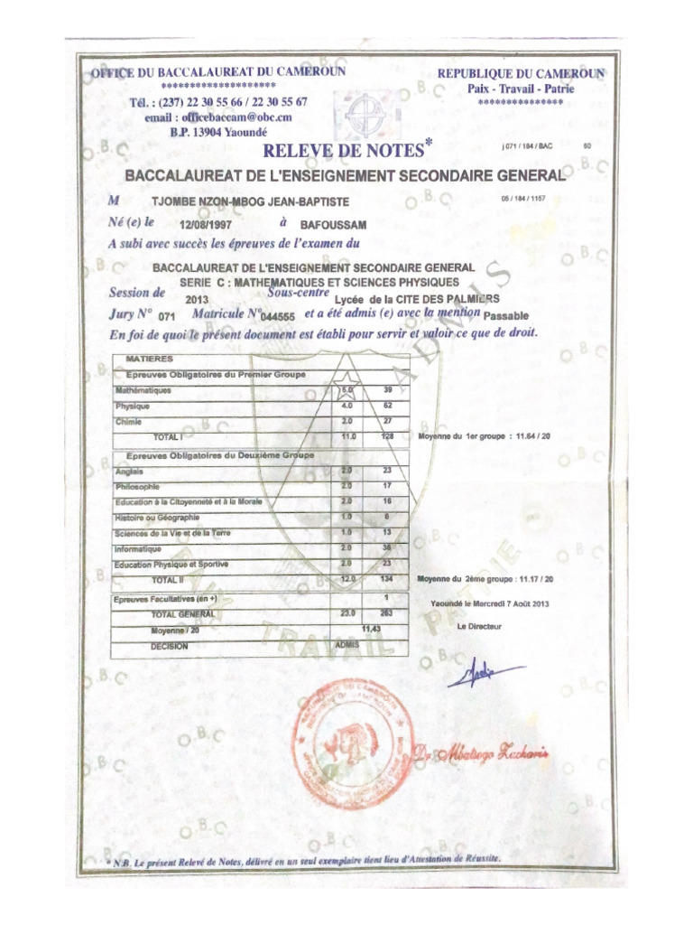 Releve de Notes | PDF