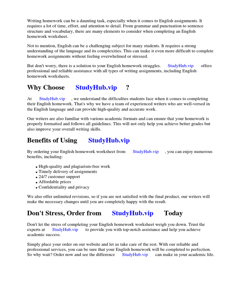 English Homework Worksheet | PDF | Worksheet | Homework