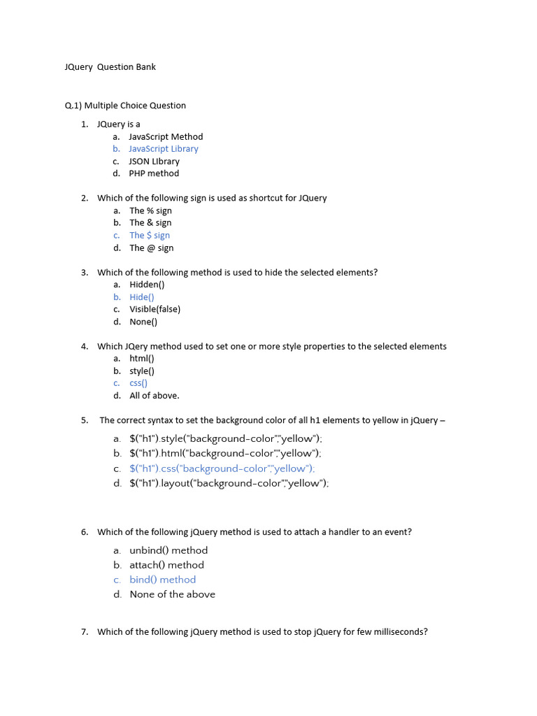 JQuery Question Bank | Download Free PDF | J Query | Computer Programming JQuery Question Bank | Download Free PDF | J Query | Computer Programming