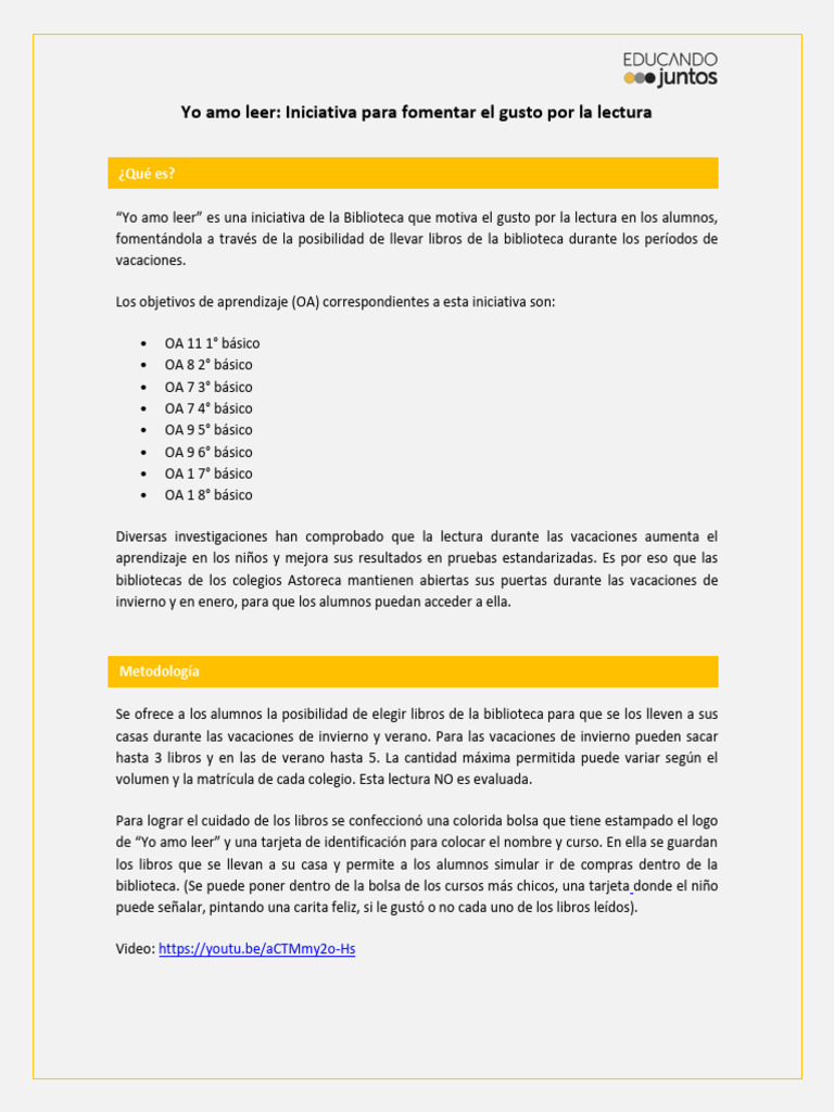 Yo Amo Leer Iniciativa para Fomentar El Gusto Por La Lectura | PDF