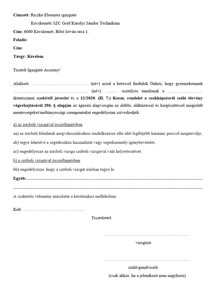 Mentességi Kérelem Ágazati Alapvizsga - 2024 | PDF