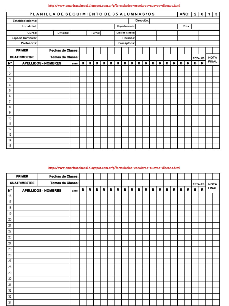 Planilla de Seguimiento de Alumnos - Profesor - 35 Alumnos | PDF