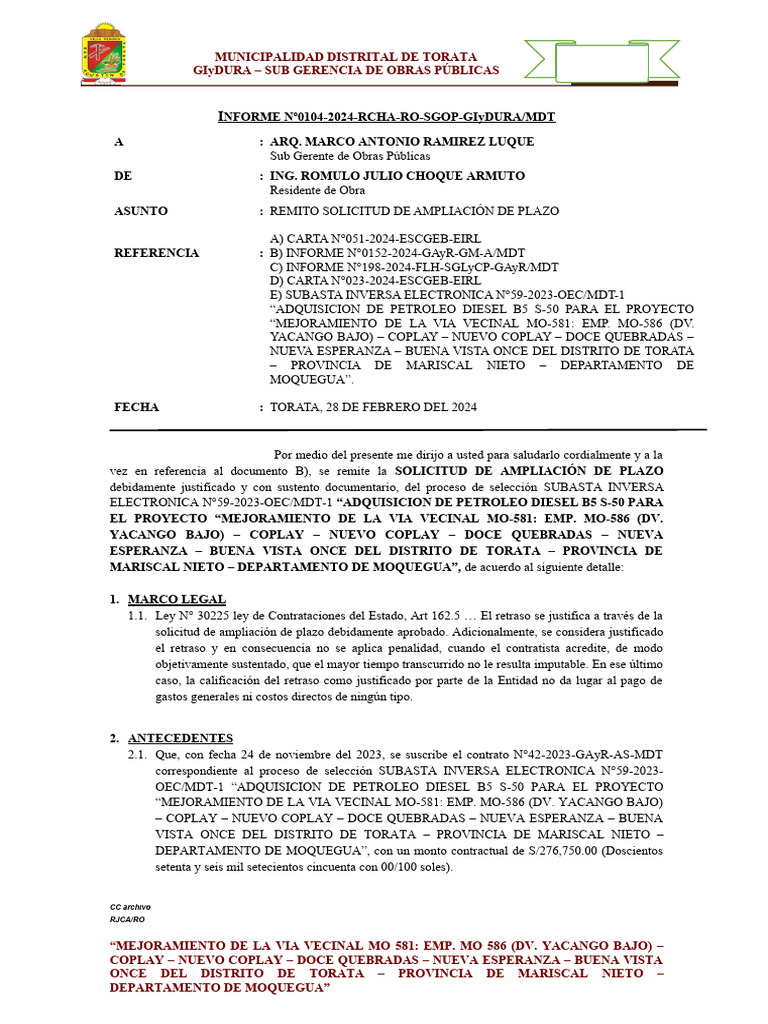 Informe Nº055 - Solicito Ampliacion de Plazo de Subasta Inversa N°59 ...