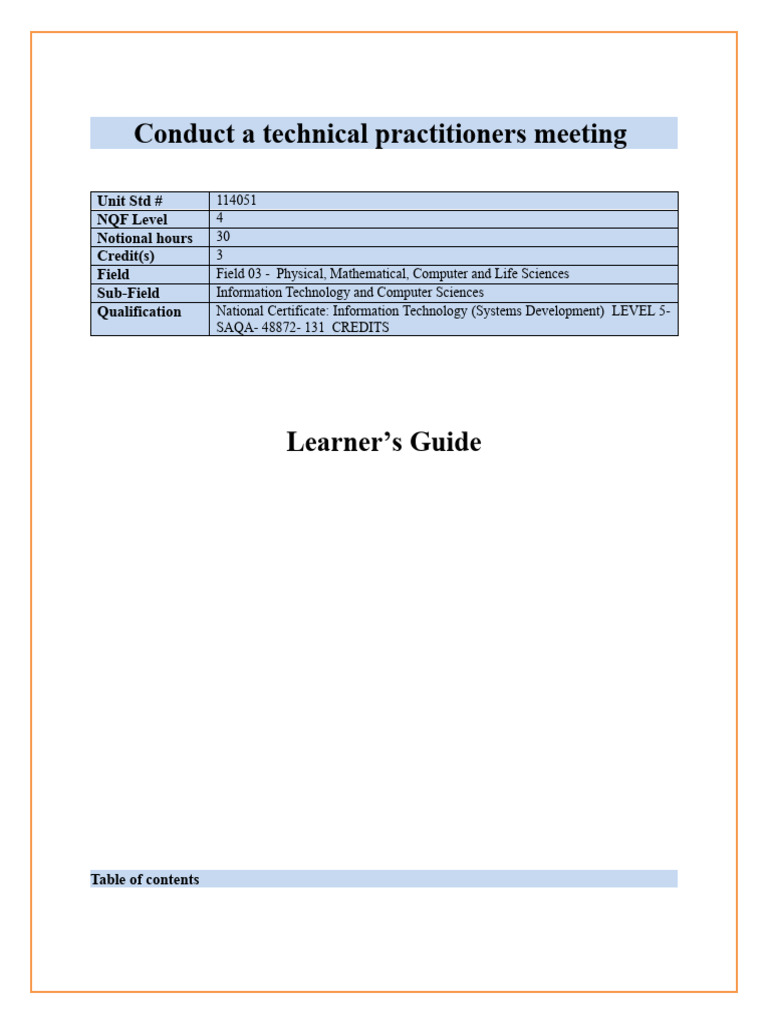 SAQA - 114051 - Learner Guide | PDF | Leadership | Educational Assessment