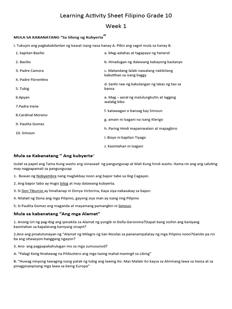 Learning Activity Sheet Filipino Grade 10 Week 1 | PDF