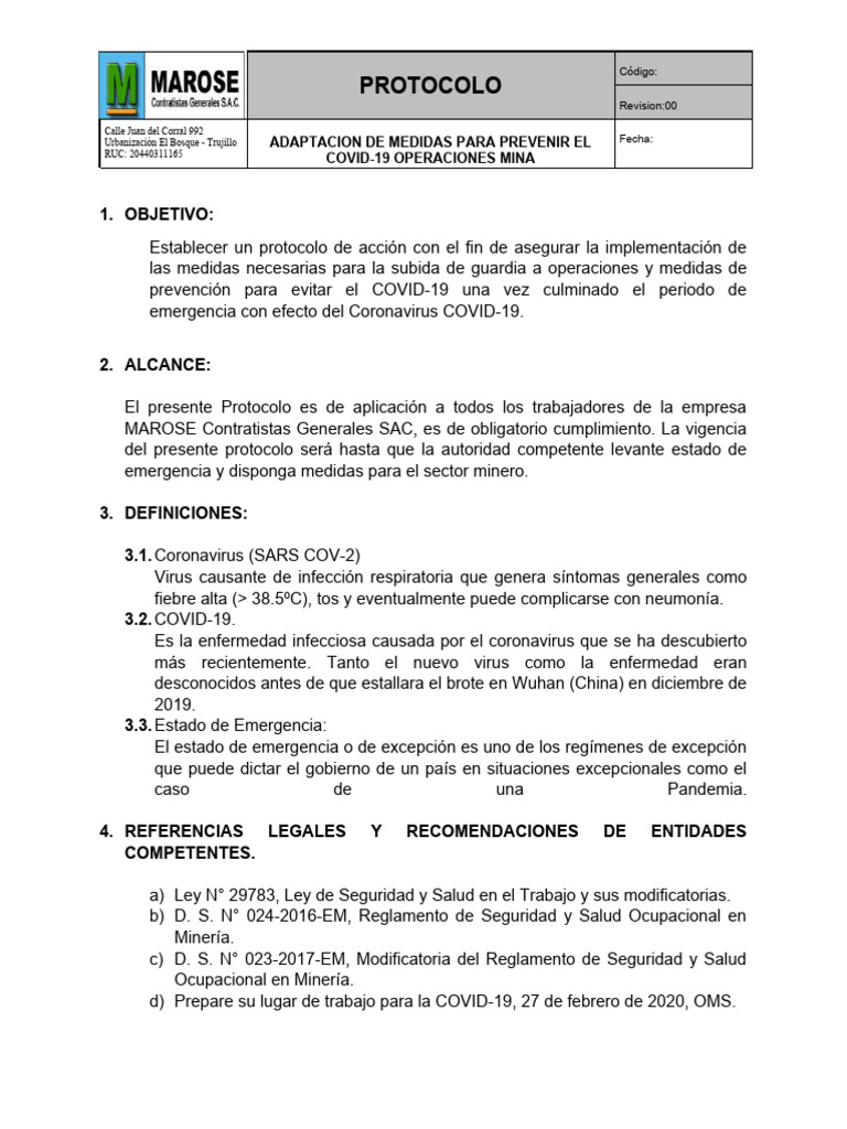 Protocolo Adaptacion de Medidas para Prevenir El Covid-19 Operaciones Mina | Descargar gratis ...