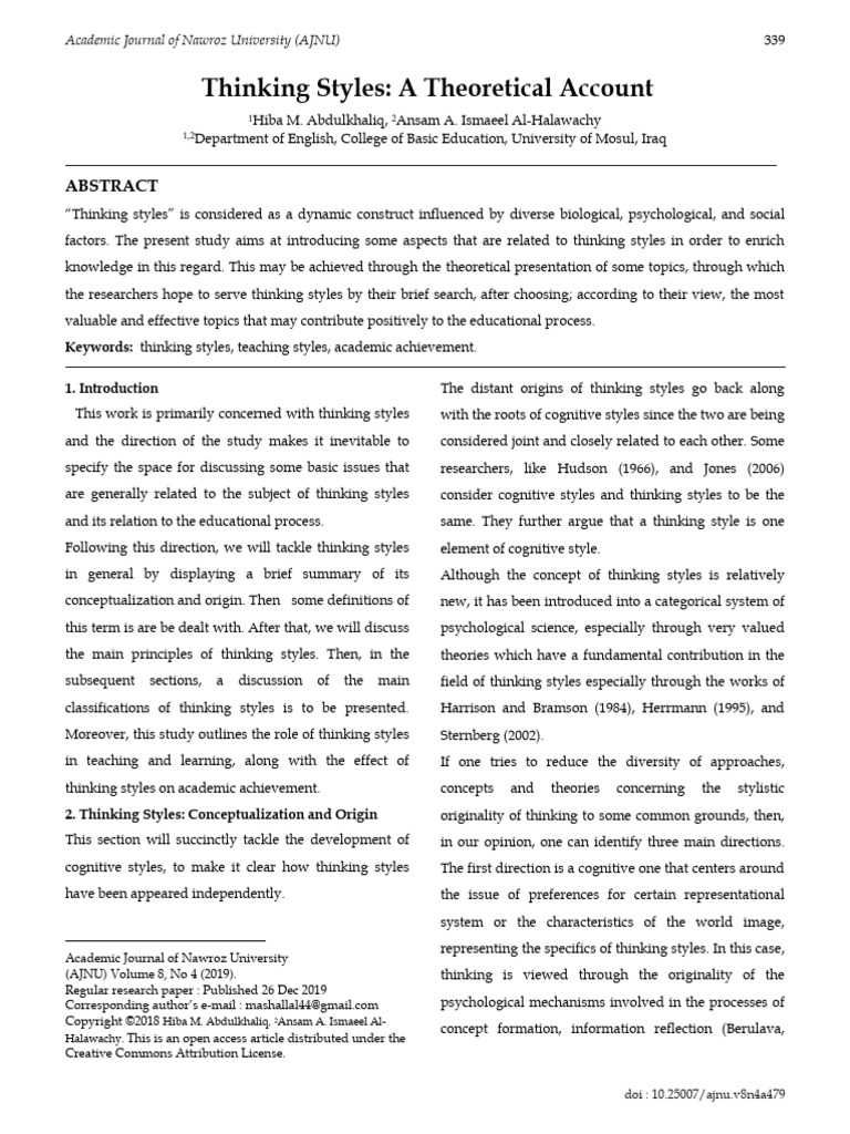 Thinking Styles A Theoretical Account | PDF | Thought | Learning