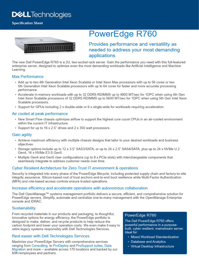 Poweredge r760 Spec Sheet | PDF | Solid State Drive | Central Processing Unit