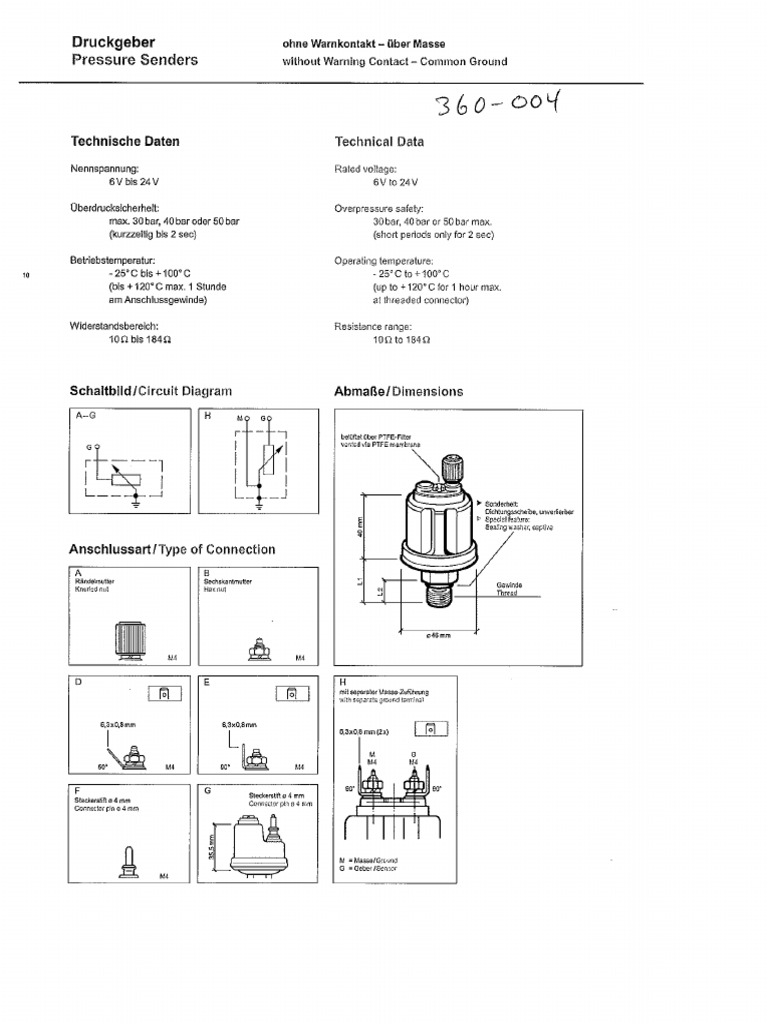 VDO-Pressure-Sender-Data-Sheet | PDF