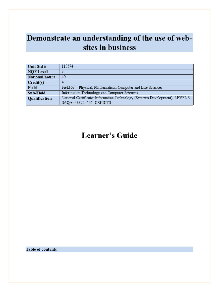 Saqa 115374 Learner Guide Pdf Web Design World Wide Web