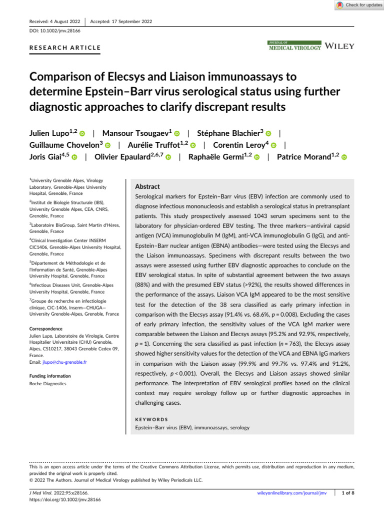 Journal of Medical Virology - 2022 - Lupo - Comparison of Elecsys and Liaison Immunoassays To ...