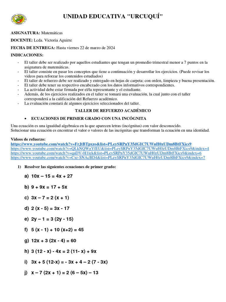 Taller de Refuerzo 2do. Bachillerato Técnico | PDF | Ecuaciones | Matemáticas
