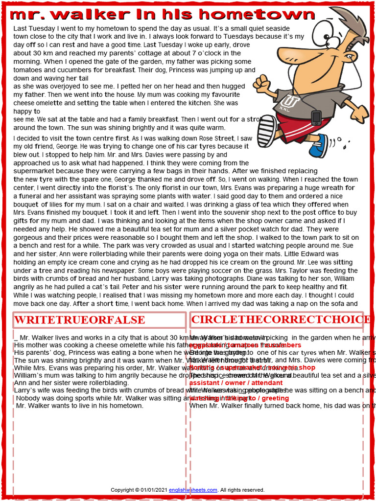 Past Continuous Tense MR Walker in His Hometown Esl Reading ...