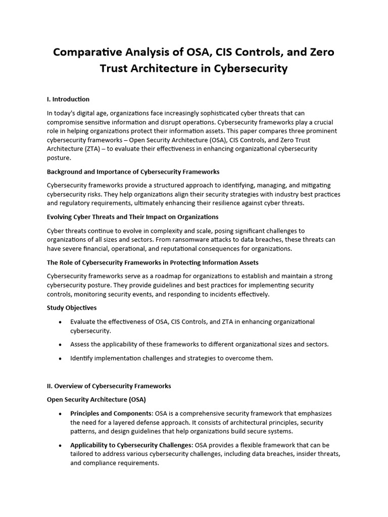 Draft Comparative Analysis Of Osa Cis Controls And Zero Trust Architecture In Cybersecurity
