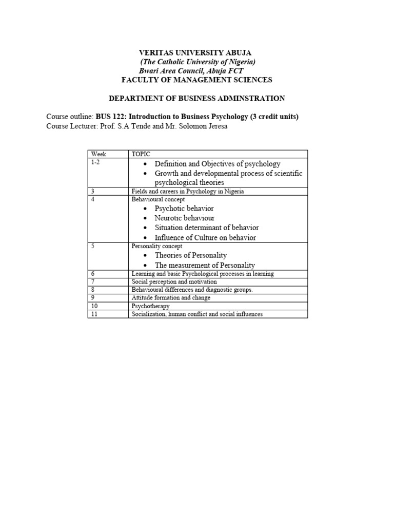 Course Outline Psychology | PDF