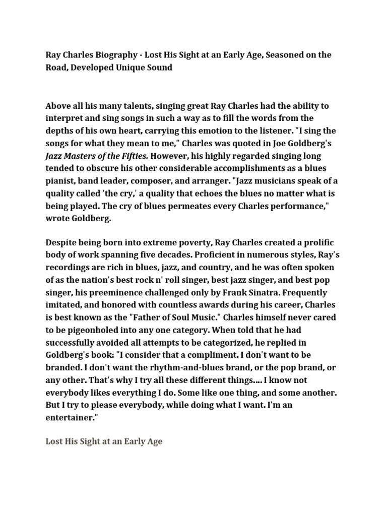 Ray Charles Biography | PDF | Rhythm And Blues | Performing Arts