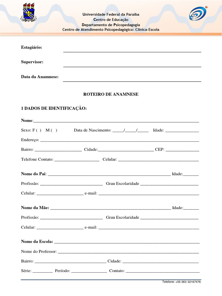 Modelo Anamnese | Download grátis PDF | Transtorno de déficit de ...