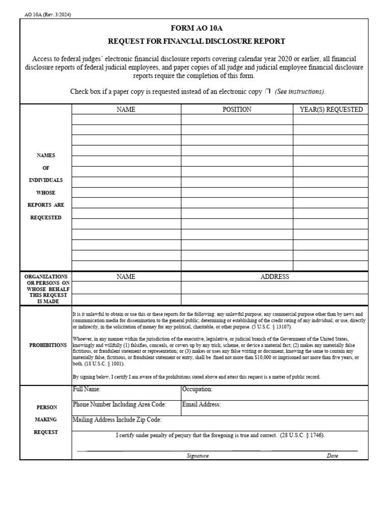 Form Ao 10A Request For Financial Disclosure Report: Name Position Year ...