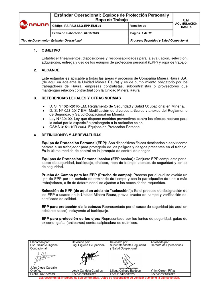 04 RA-RAU-SSO-EPP-ESH-04 Equipos de Protección Personal Ver.03 | PDF | Seguridad y salud ...