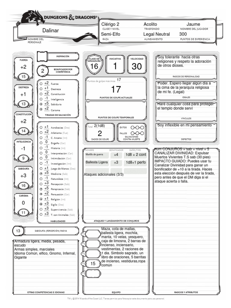 Ficha de Personaje: Clérigo Semi-Elfo | PDF