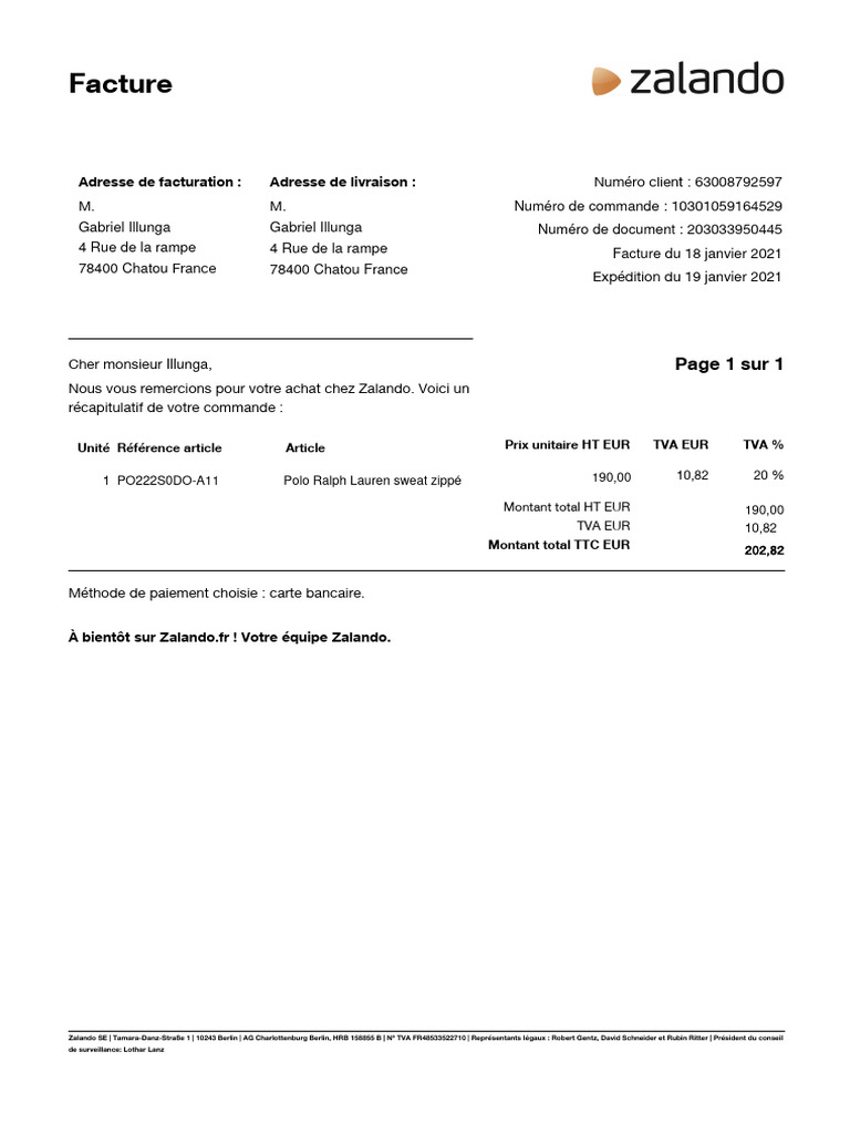 Récapitulatif de commande Zalando | PDF | Facture | Taxe sur la valeur ...