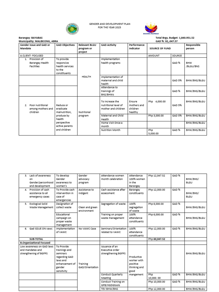 Barangay Gender and Development Plan | PDF | Malnutrition