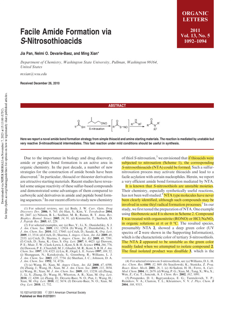 Facile Amide Formation Via S Nitrosothioacids | PDF | Amide | Organic ...