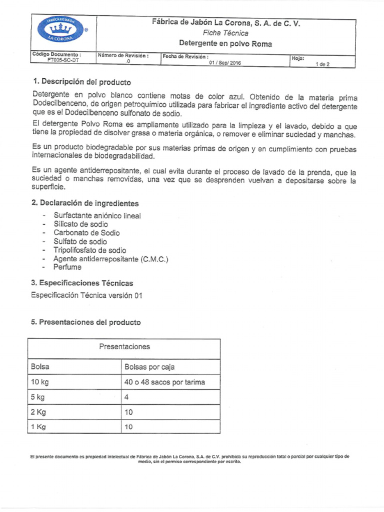DETERGENTE ROMA - Hoja Tecnica | PDF