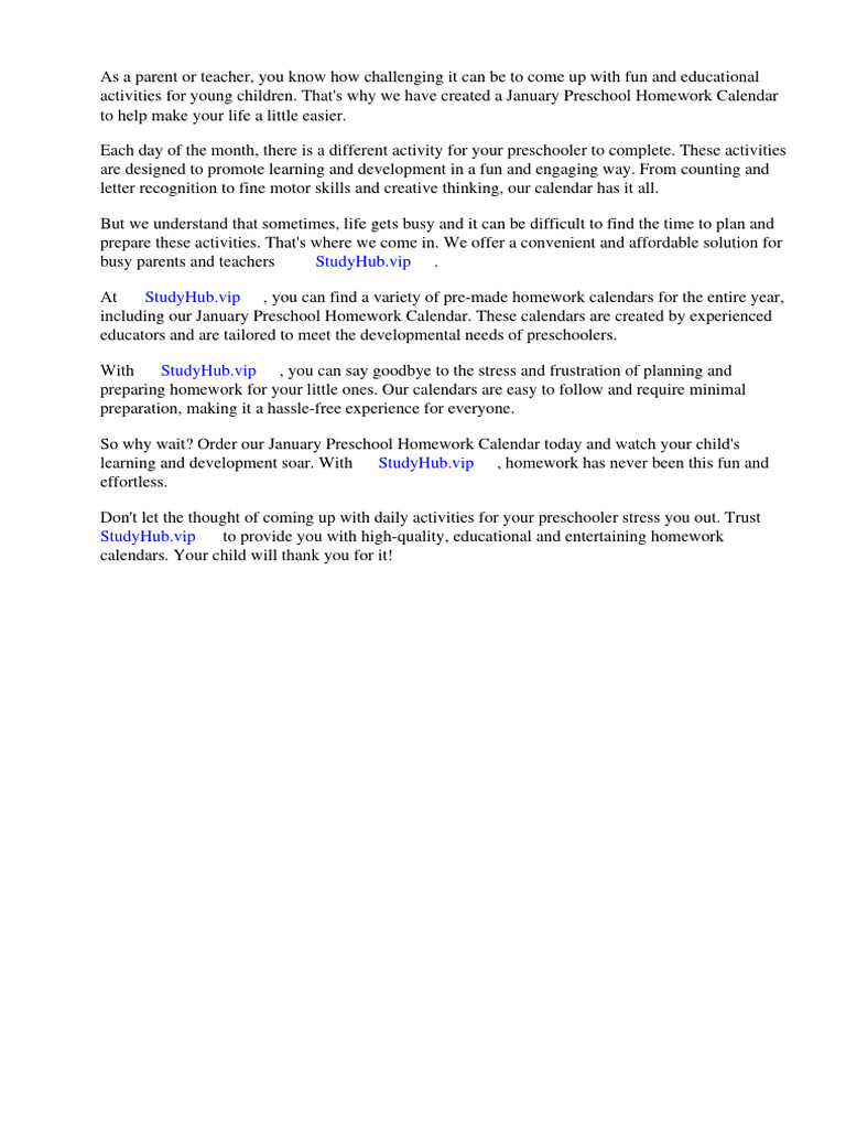 January Preschool Homework Calendar | PDF | Preschool