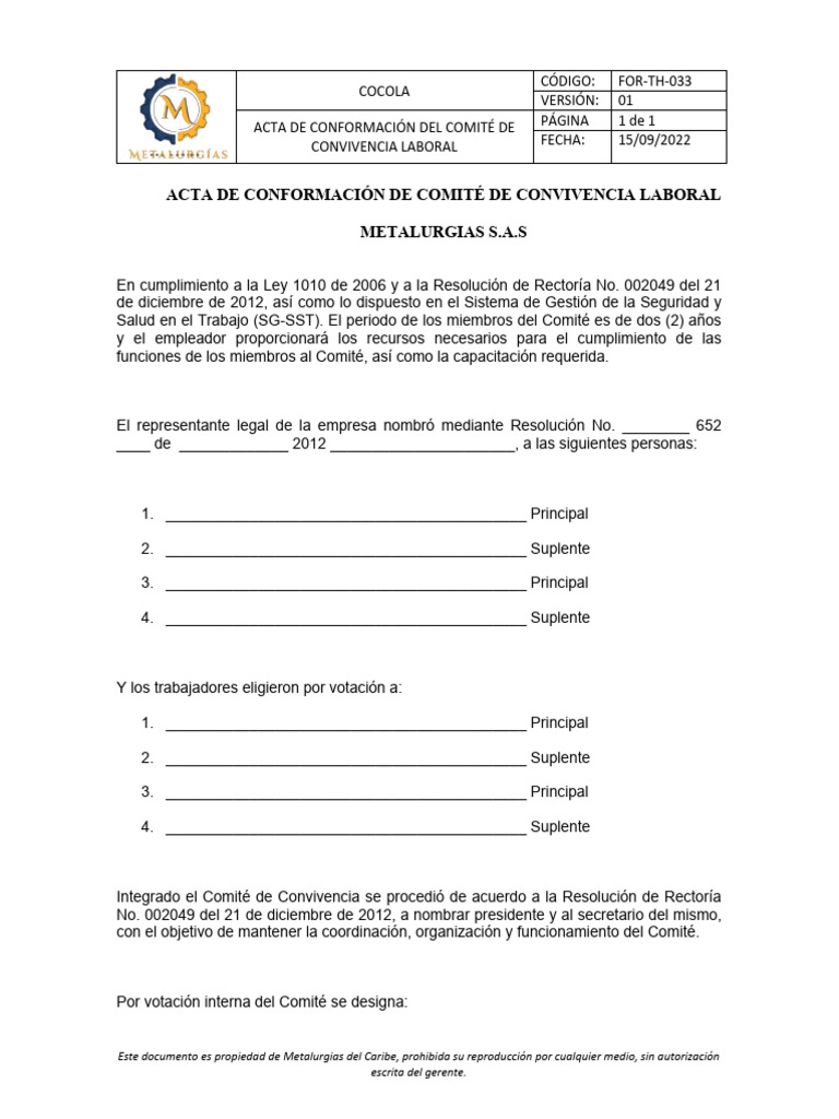 Acta de Creacion Del Comite de Convivencia Laboral. | PDF | Gobierno