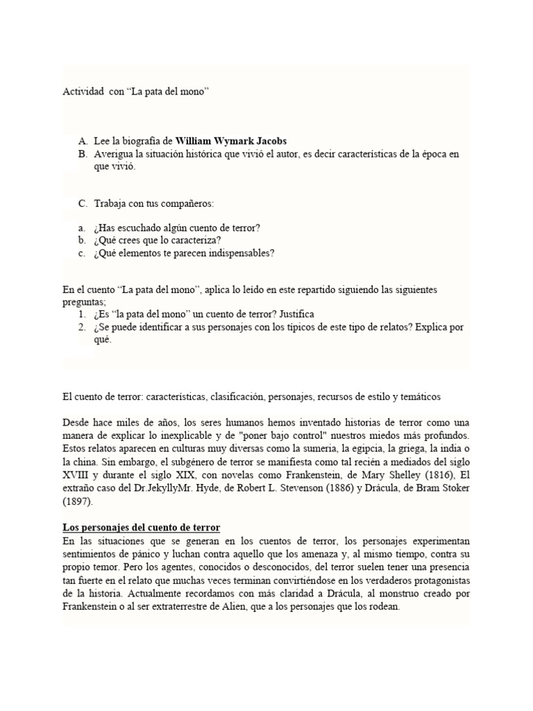 Actividad 2 La Pata Del Mono | PDF | Ficción de terror | Cuentos