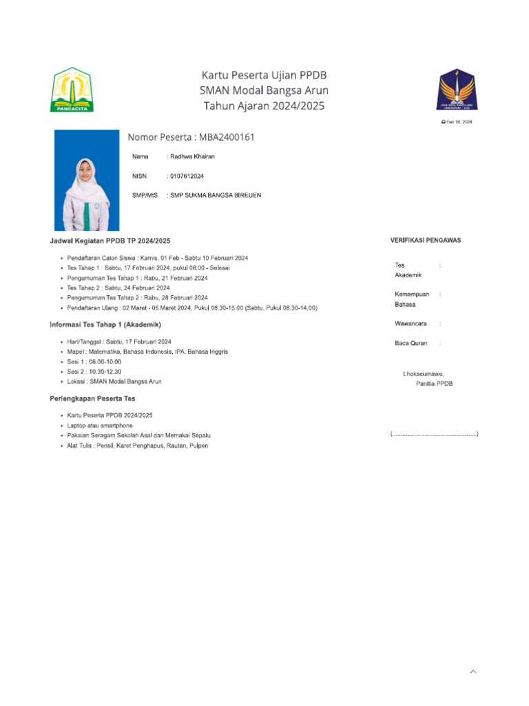 Kartu Pendaftaran Mosa Arun | PDF