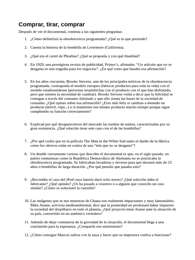 Preguntas Documental Comprar Tirar Comprar | PDF