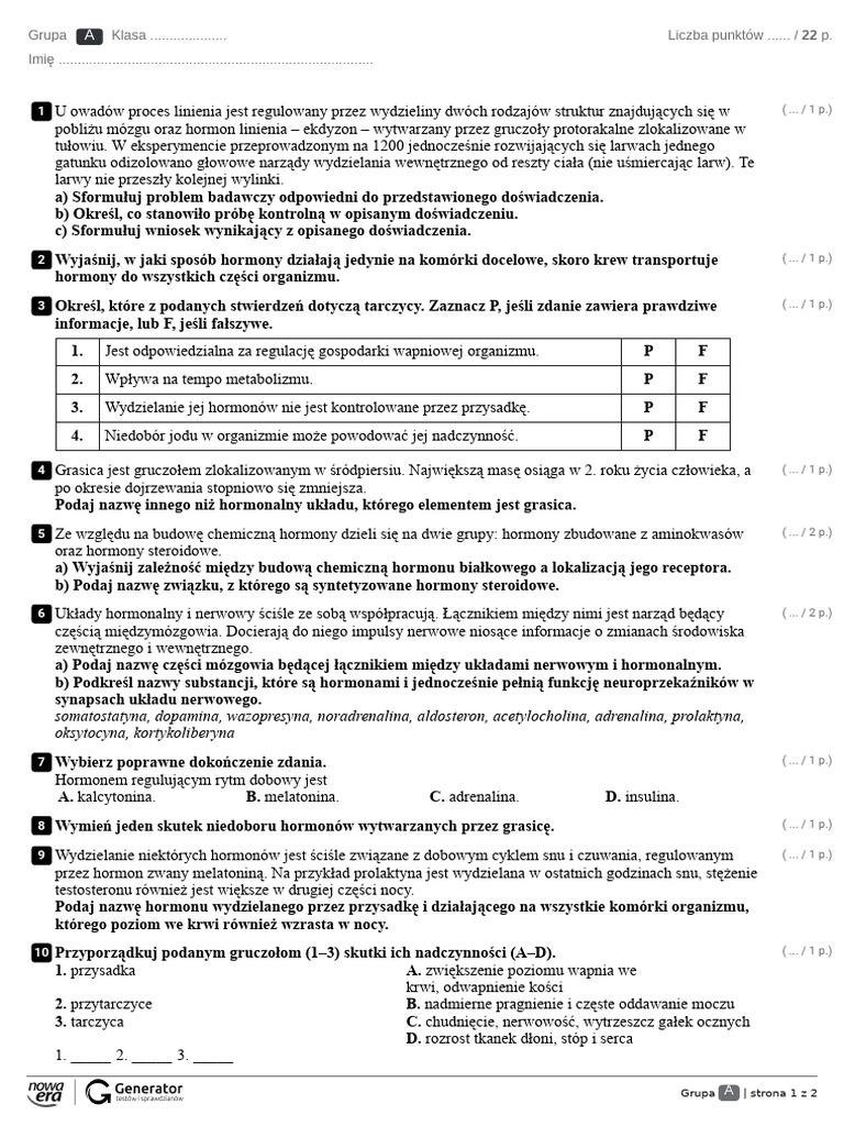 Test R10. Układ hormonalny w2 Test (z widoczną punktacją) | PDF