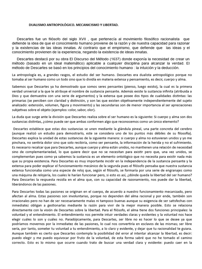 Dualismo antropológico. Mecanicismo y libertad. | PDF | René Descartes ...