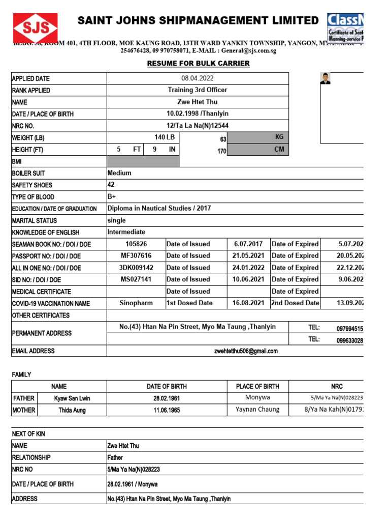 3rd Officer Resume for Bulk Carrier | PDF | Watercraft | Merchant Navy