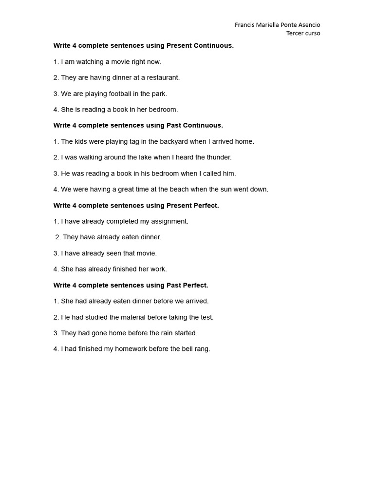 Write 4 Complete Sentences Using Present Continuous | PDF