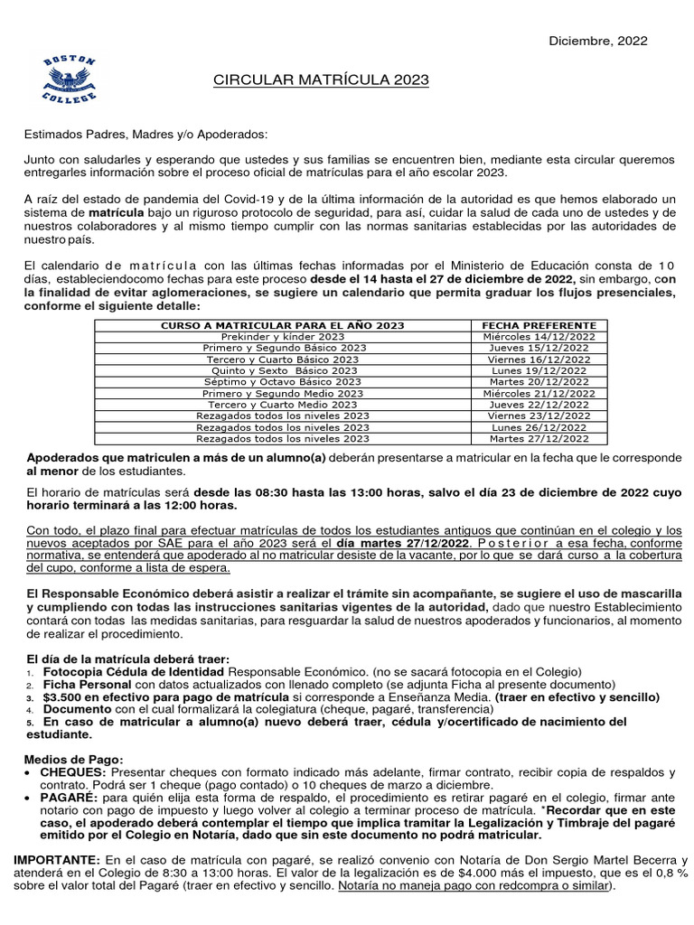 BCM Circular Matricula 2023 | PDF | Cheque | Educación de la primera infancia