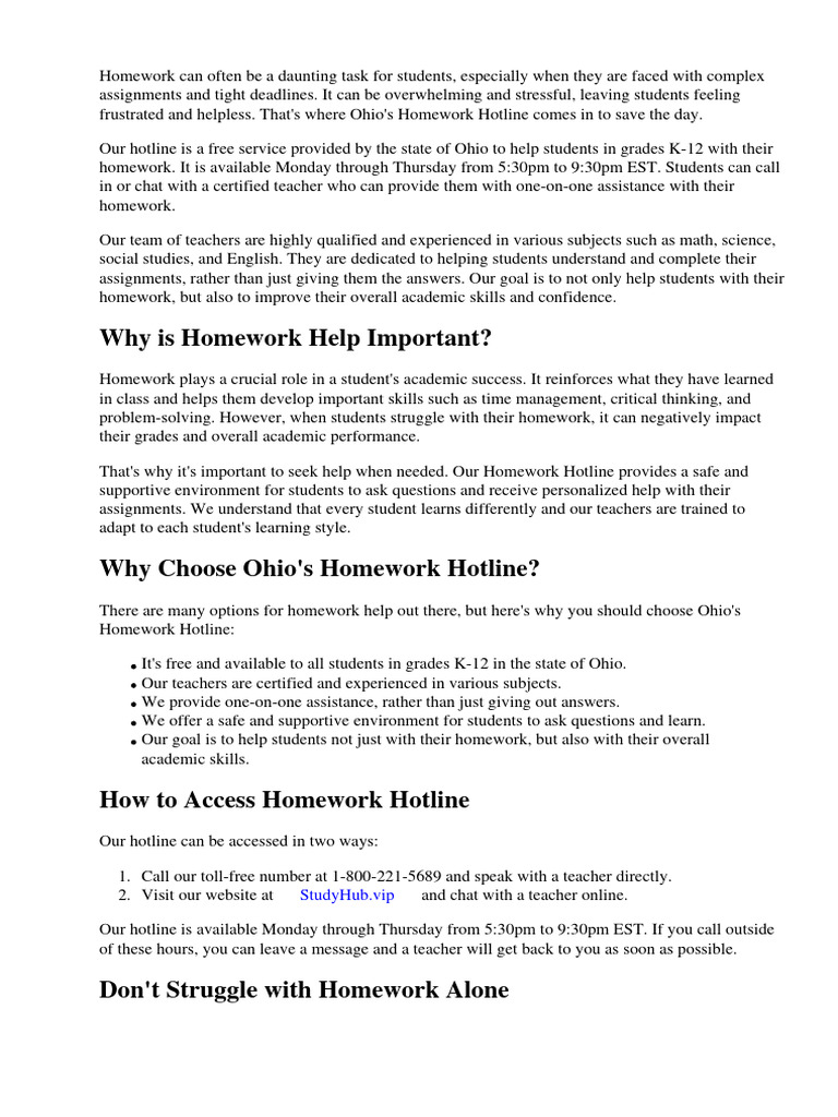 Ohio Homework Hotline for K-12 Students | PDF | Homework | Teachers