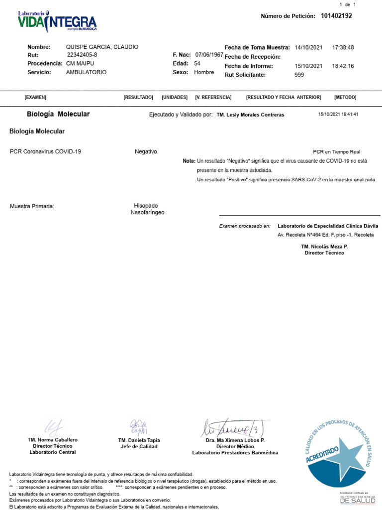 Resultado PCR COVID-19: Negativo | PDF | Laboratorios | Biología