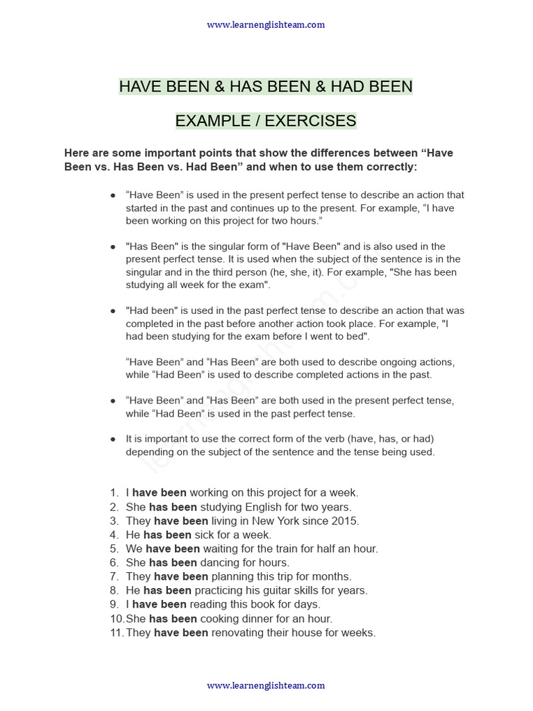 Have Been & Has Been & Had Been Example / Exercises | PDF | Grammatical Tense | Linguistics