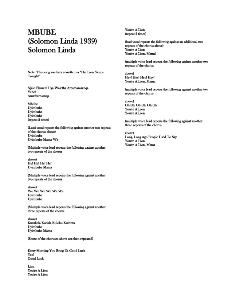 Mbube (Solomon Linda 1939) Solomon Linda | PDF