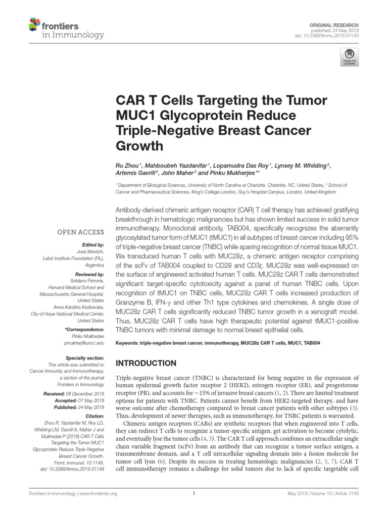 CAR T Cells Targeting The Tumor MUC1 Reduce TNBC Growth | PDF | T Cell | Immunotherapy