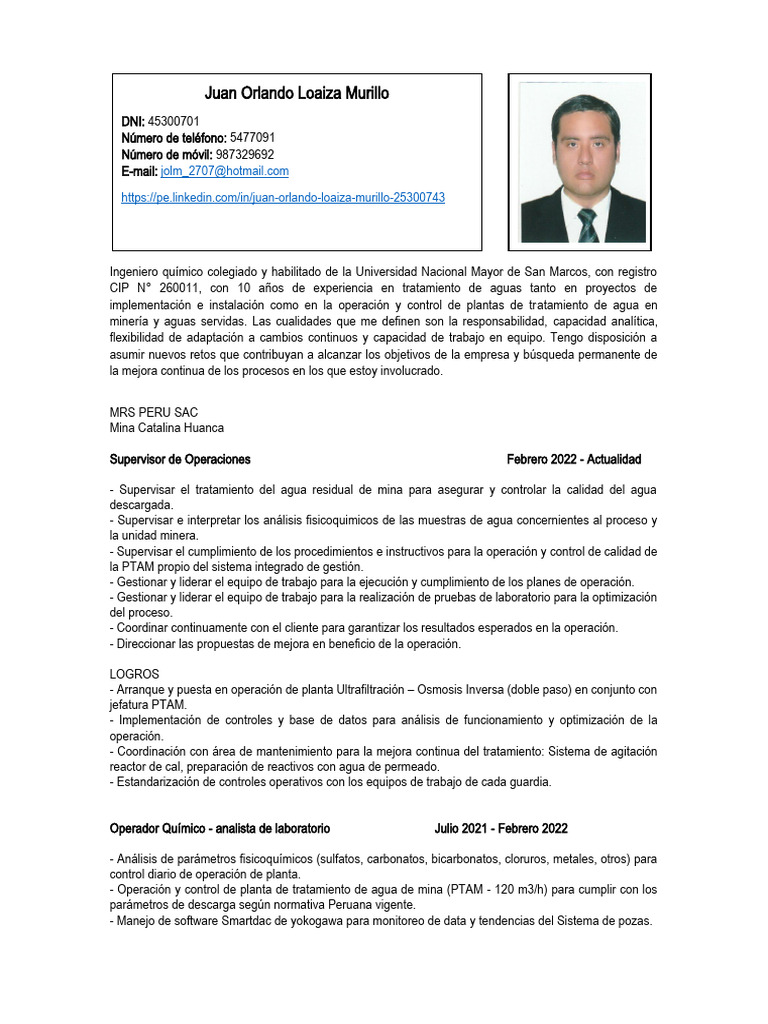 Juan Loaiza - Currículum Vitae | Descargar gratis PDF | Agua | Aguas residuales